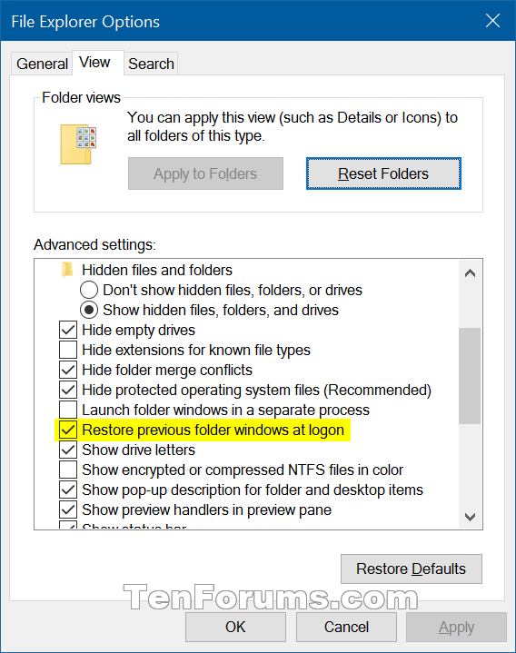 Turn On Restore previous folder windows at logon in Windows 10 | Tutorials Turn On Restore previous folder windows at logon in Windows 10 | Tutorials