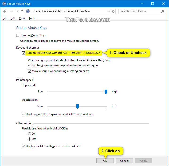 How To Enable Or Disable Mouse Keys Keyboard Shortcut In Windows