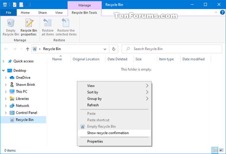 Add Show Recycle Confirmation To Windows 10 Recycle Bin Context Menu Tutorials