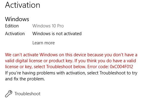Windows Is Not Activated Error 0xc004f012 0xc0020036 Solved